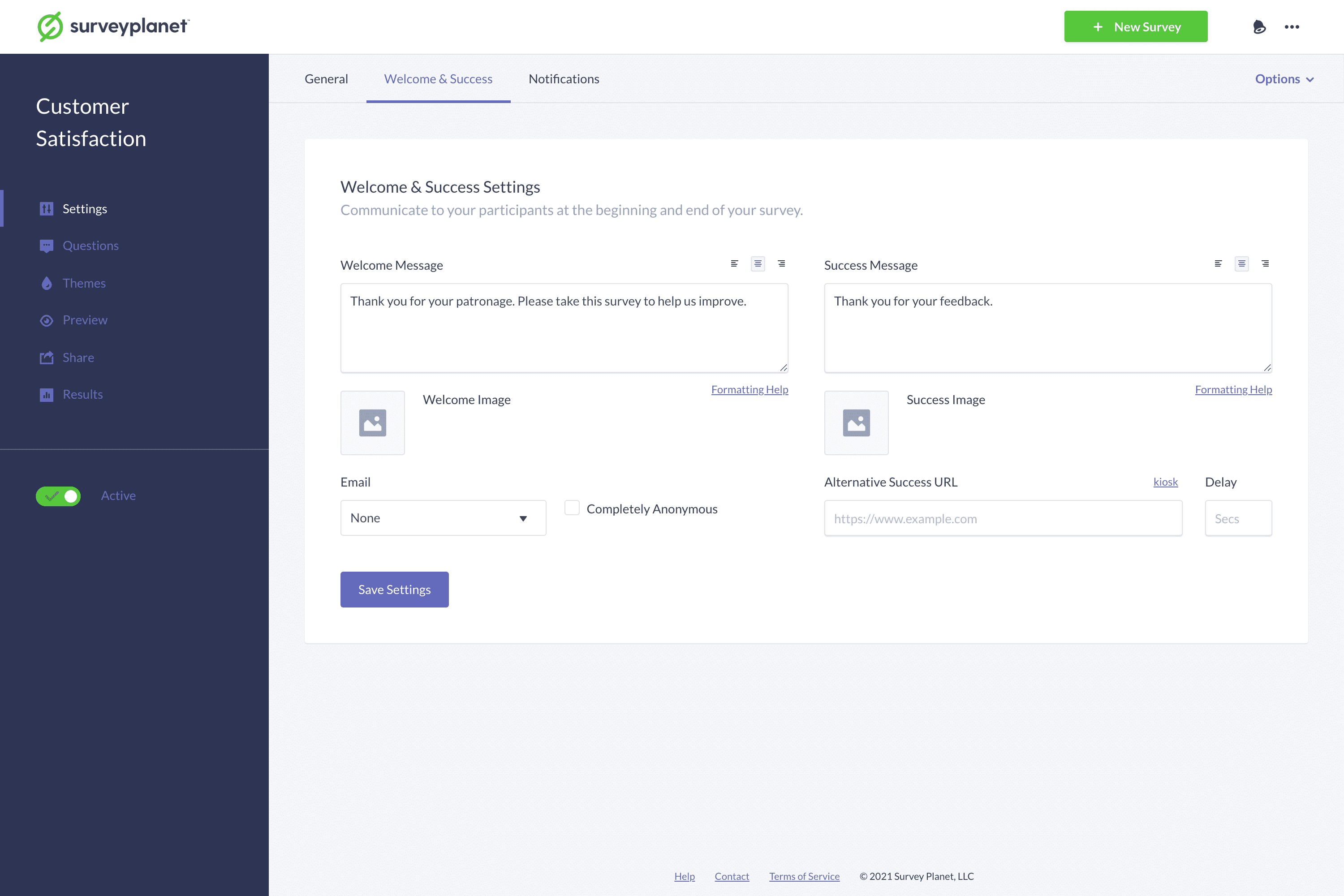 Welcome & Success Settings